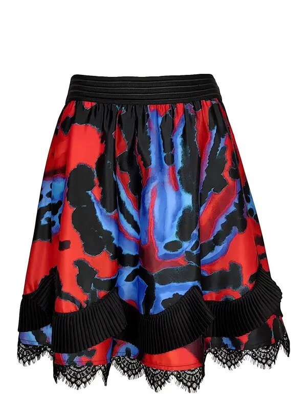 LALIPOP DESIGN Flared Circle Skirt With Pleated Chiffon & Lace Trim Details - Black