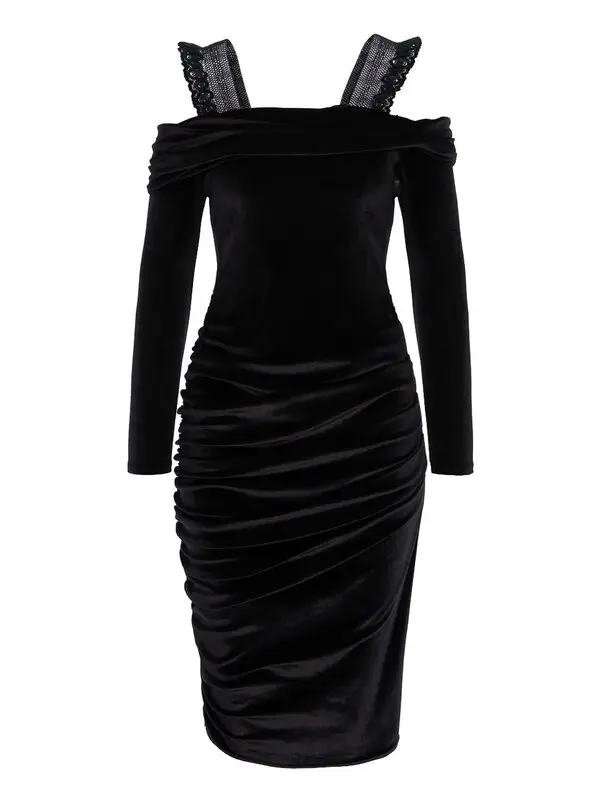 CONCEPT A TROIS Velvet Bodycon Dress With Lace Details On The Shoulders - Black