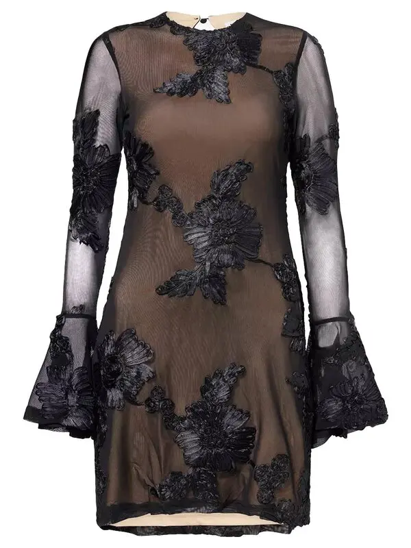 AMY LYNN Anastasia Floral Embroidered Sheer Mini Dress - Black