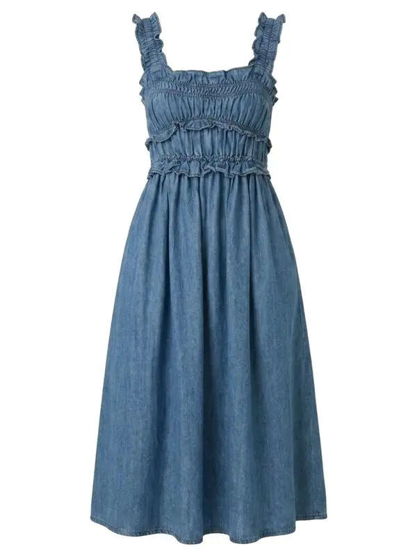 MODENAIRE Smocked Midi Dress Soft Gathered Form - Blue