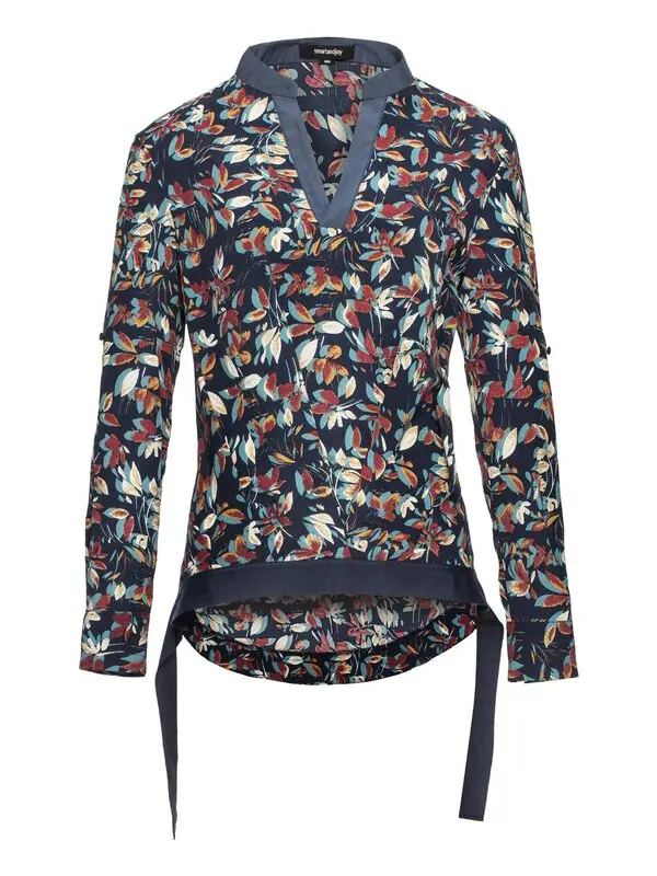 SMART AND JOY Leaves Print V-neck Blouse - Blue