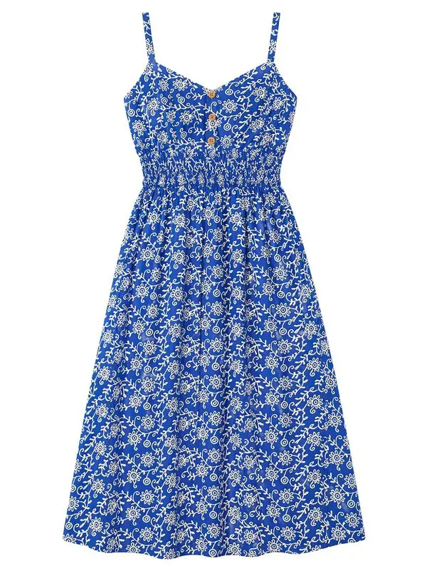 YUMI Block Print Midi Sun Dress With Button Details - Blue