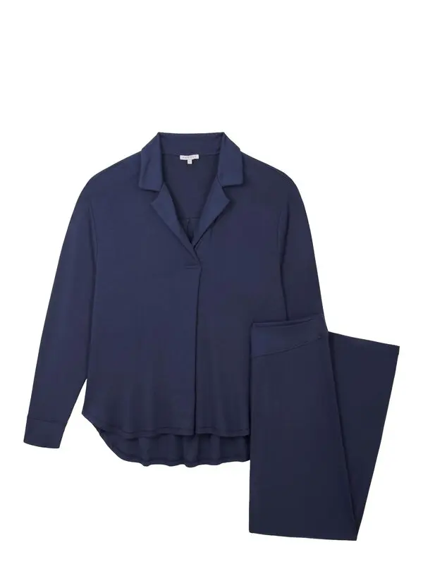 MAMU DREAM Navy Oversized Retro Ribbed Soft Modal Hero Shirt & Wide Leg Jogger Set - Blue
