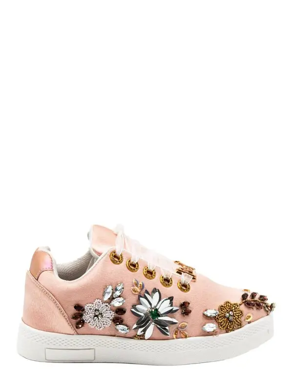 RETTROSE Neutrals Freya Luxury Nude Satin Handmade Embellished Tennis Shoe - Brown