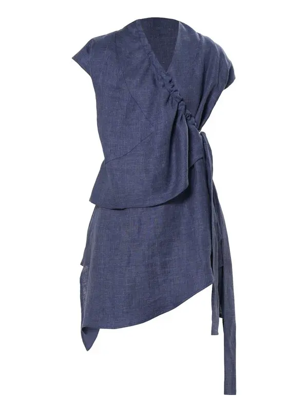 METAMORPHOZA Linen Denim Tunic With Draped Collar - Blue