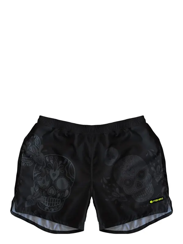 FISHIRT Swim Shorts Mexican Skull Graphic Flatmuertos Style - Black