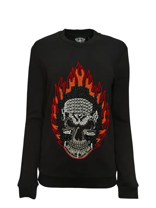ANY OLD IRON Black / Silver Skull Fire Sweatshirt - Black/silver