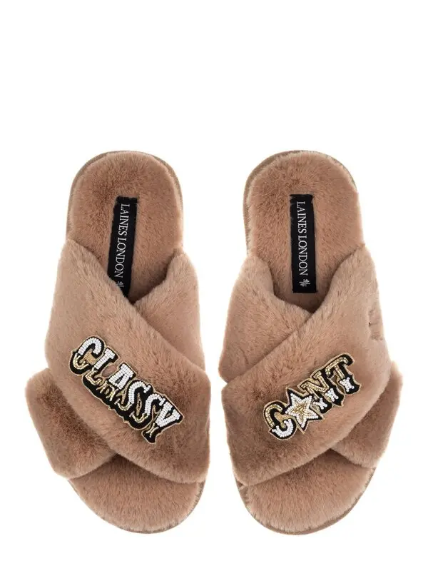 LAINES LONDON Neutrals Classic Laines Slippers With Classy Cunt Brooches Toffee - Brown