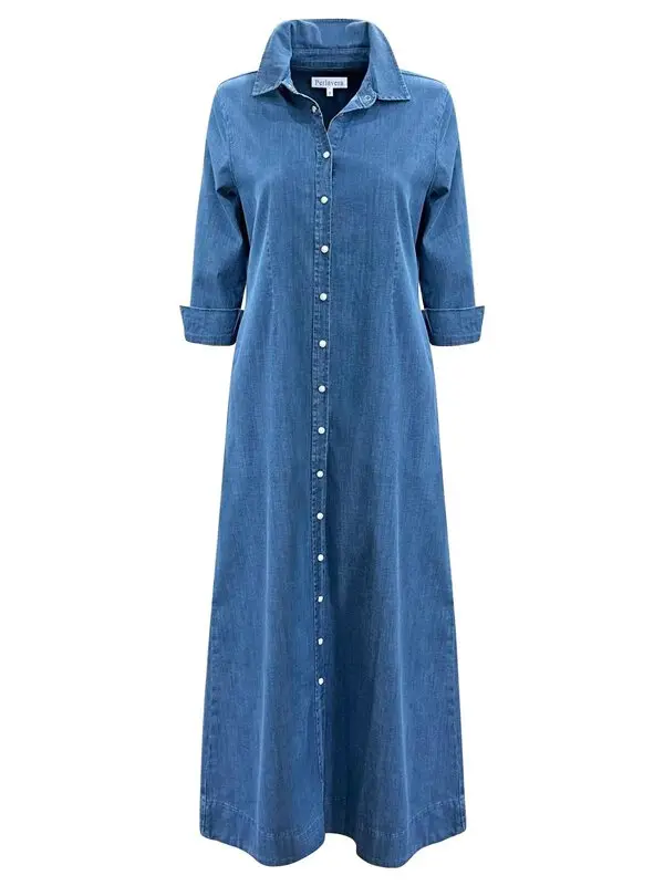 PERLAVERA Giorgia Mid Washing Denim Three Quarter Sleeve Length Slim Fit Maxi Dress - Blue