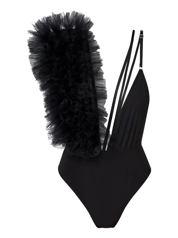 LIA ARAM Contemporary Ruffled Tulle Bodysuit - Black