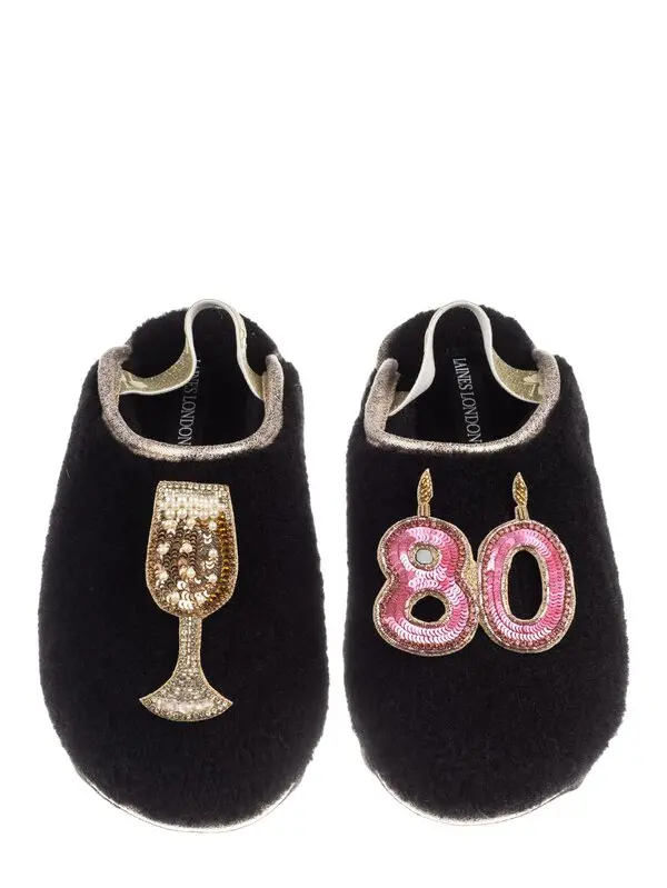 LAINES LONDON Black / Gold Flatform Cloud Closed Toe Slippers With 80th Birthday & Champagne Glass Brooches Black - Black/gold