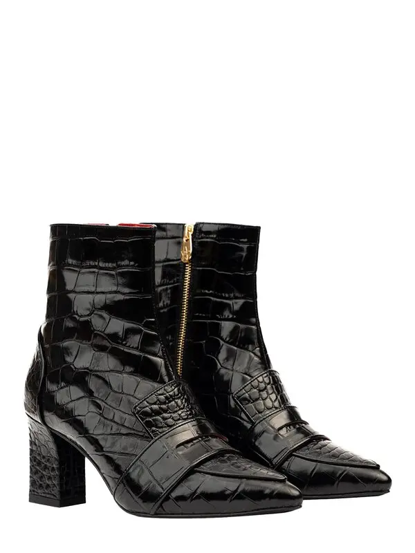 ROSAMUND MUIR LONDON Luciana Shiny Crocodile Print Loafer Boots - Black