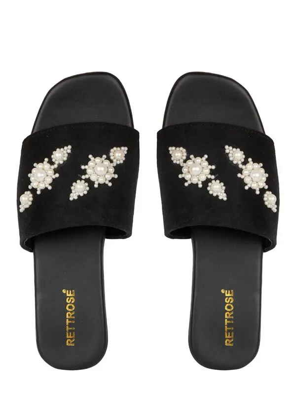 RETTROSE Annie Luxury Plush Diamanté Embellished Handmade Sliders - Black