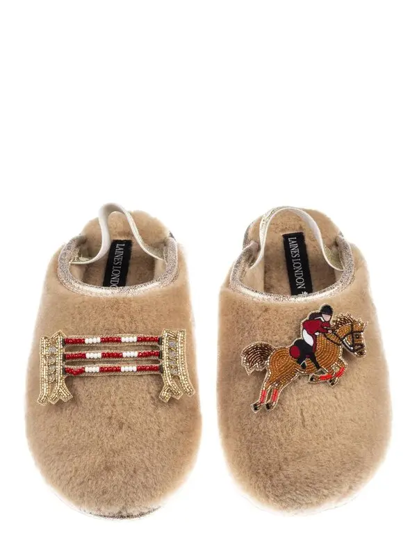 LAINES LONDON Brown / Gold / Neutrals Flatform Cloud Closed Toe Slippers With Show Jump Horse Brooches Toffee - Brown/gold