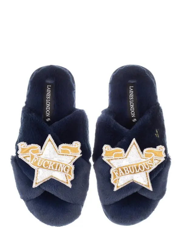 LAINES LONDON Classic Laines Slippers With Fucking Fabulous Brooches Navy - Blue