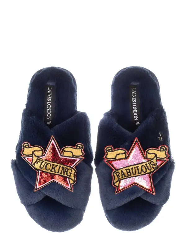LAINES LONDON Classic Laines Slippers With Red & Pink Fucking Fabulous Brooches Navy - Blue
