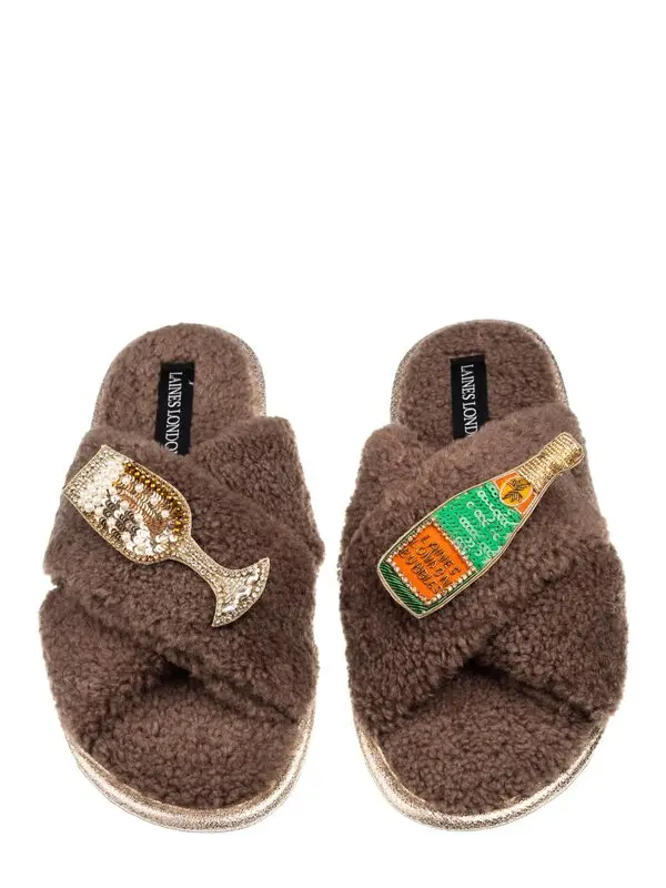 LAINES LONDON Neutrals Laines Neutral Boucle Slippers With Laines Champers Brooches Mink - Brown