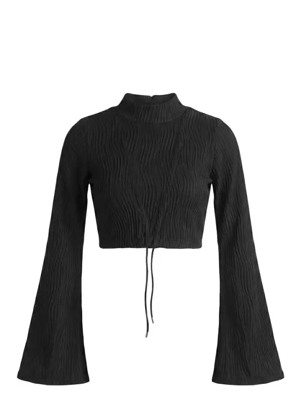 VIRAGO Stria Crop Top With Flared Sleeves And Adjustable Strings - Black