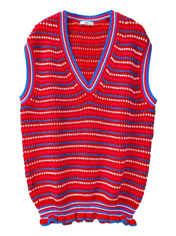 ARTO. Yeah! Cozy Wool Blend Ruffles Stripes Oversized Vest Christmas - Red