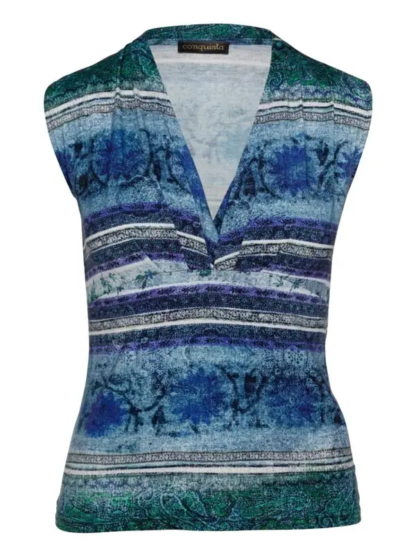 CONQUISTA Print Faux Wrap Sleeveless Top In Petrol - Blue