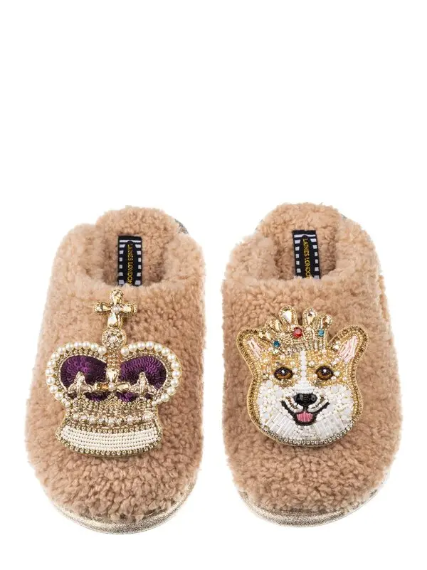 LAINES LONDON Teddy Towelling Closed Toe Slippers With Sandy The Corgi & Royal Crown Brooches Toffee - Brown