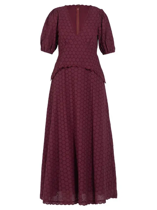 ROSE & NANCY Holly Burgundy Embroide Lace Cotton Midi Dress - Red