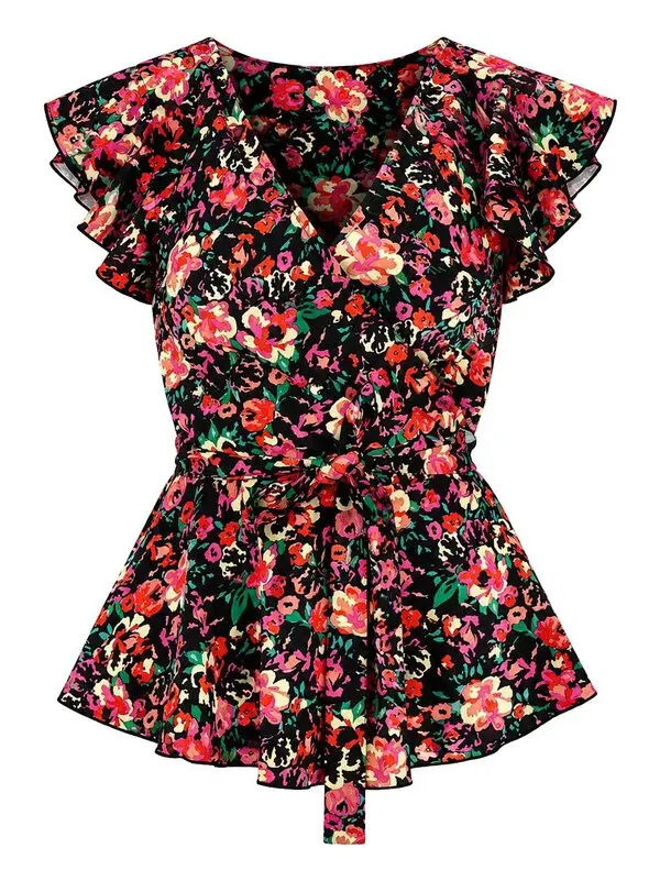 GIRL IN MIND Juniper Floral Frill Detail Wrap Peplum Top - Black