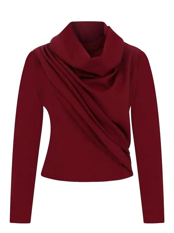 MAAN ISTANBUL Draped Cowl Neck Long Sleeve Top Burgundy Blouse Aria - Red