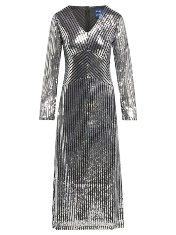 TANTRA SPAIN SL Sequined Midi A Line Dress With Long Sleeves - Silver