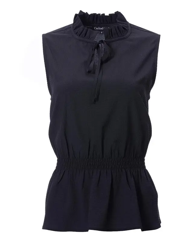 CARLOSLINES Front Neck Tie Smocked Waist Sleeveless Top In Solid - Black
