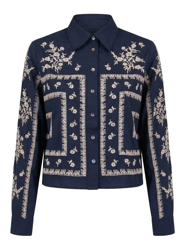 NOOKI DESIGN Sienna Embroidered Cropped Shirt In Dark Navy - Blue