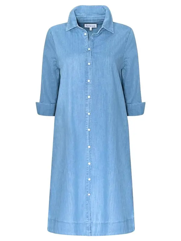PERLAVERA Grace Light Washing Denim Three Quarter Sleeve Length Missy Fit Midi Dress - Blue