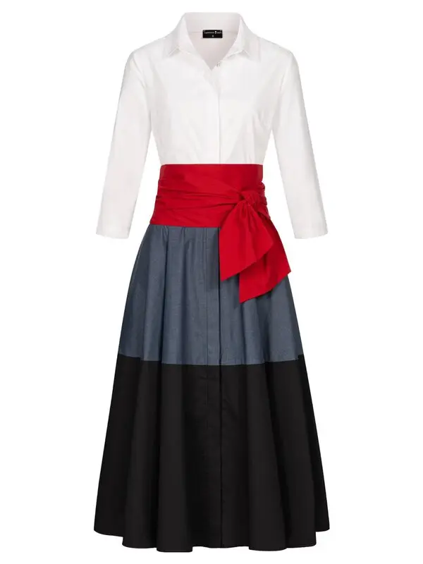 MARIANNA DÉRI Black / Blue Shirtdress With Tie Belt Color Blocking Blue-black - Black/blue