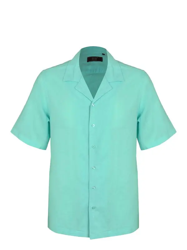 DAVID WEJ Hugo Linen Cuban Collar Shirt Turquoise - Blue
