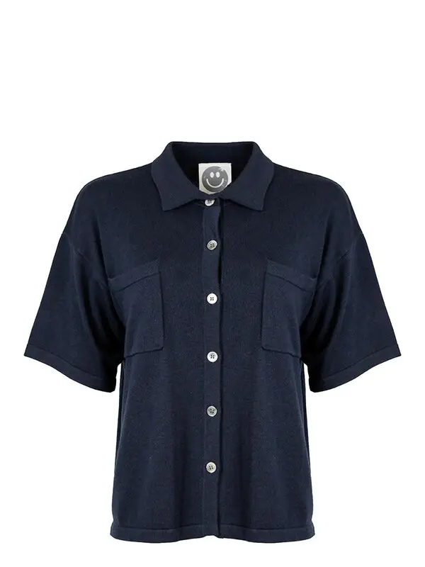 ZENZEE Silk Cashmere Boyfriend Short Sleeve Polo Shirt Navy - Blue