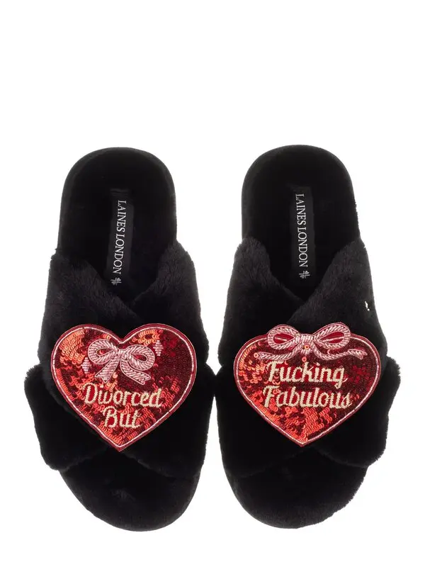 LAINES LONDON Classic Laines Slippers With Divorced But Fucking Fabulous Brooches - Black