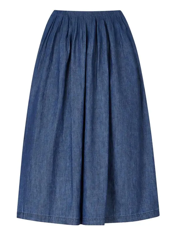 YUMI Denim Chambray Gathered Midi Skirt - Blue