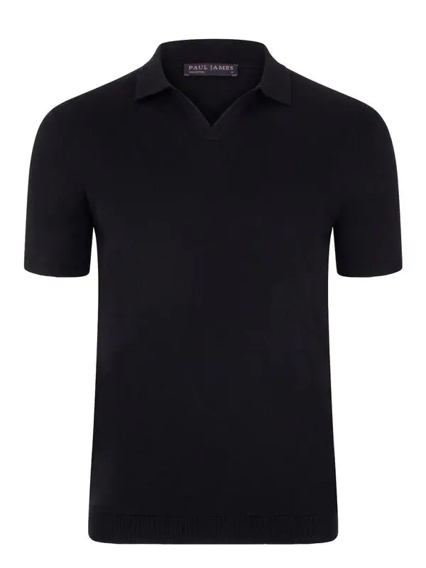 PAUL JAMES KNITWEAR Ultra Fine Cotton Nathann Buttonless Polo Shirt - Black