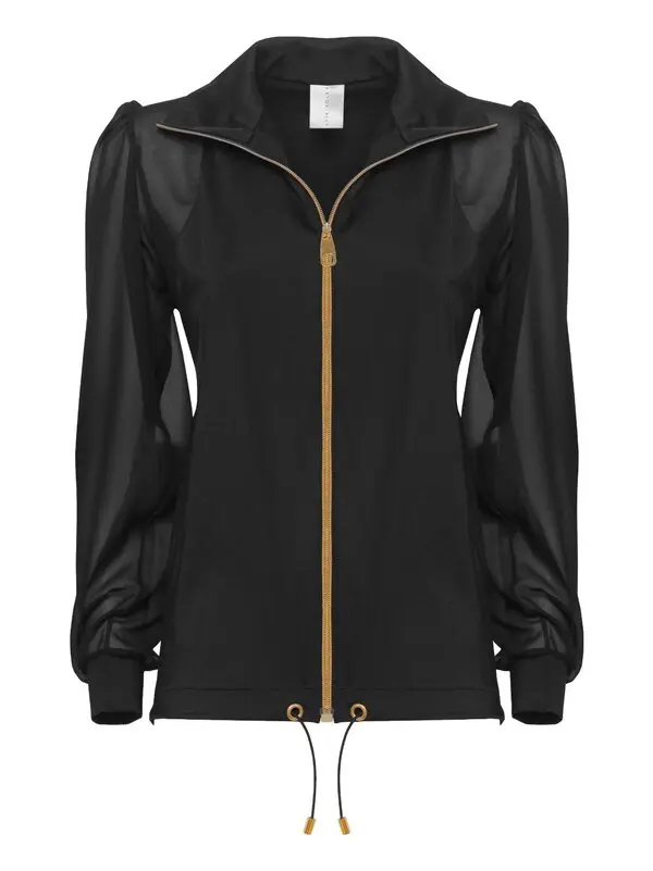 ANTONINIAS Elegant Panacea Tracksuit Jacket With Golden Details And Chiffon Sleeves - Black