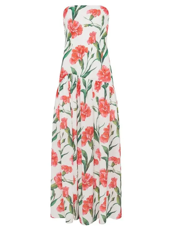 SOUR FIGS White / Red Carnation Print Strapless Drop-waist Maxi Dress In Porcelain White - White/red