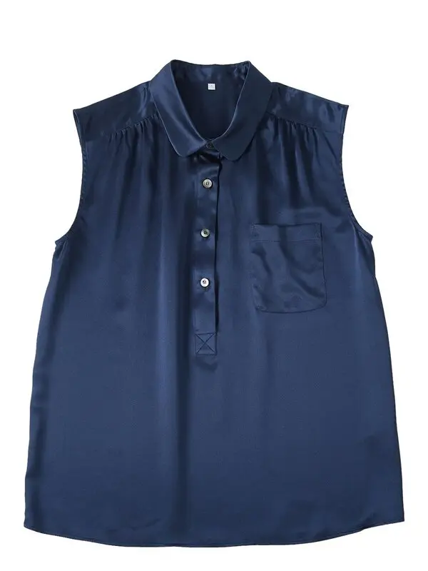 SOFT STROKES SILK Pure Silk Pointed Peter Pan Collar Sleeveless Blouse - Blue