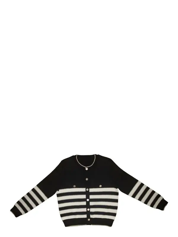 NUVV COLLECTION Striped Button-front Elegant Cardigan & White Knit - Black