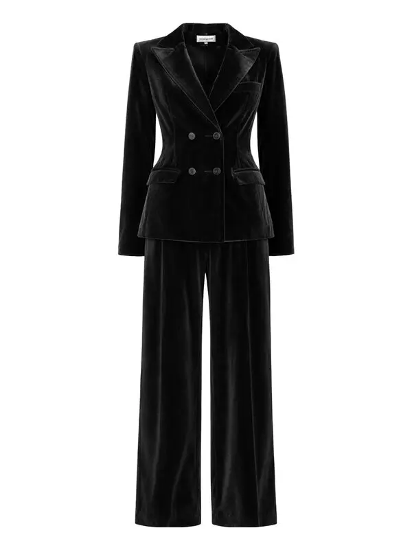 JULIA ALLERT Velvet Double-breasted Blazer And Wide-leg Trousers Set - Black