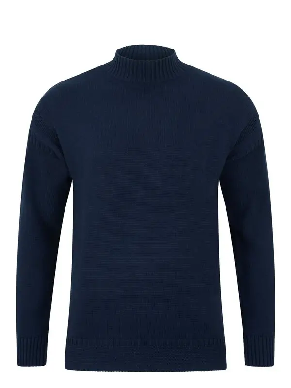 PAUL JAMES KNITWEAR Midweight Organic Cotton Sark Linen Mock Neck Gansey Jumper Navy - Blue