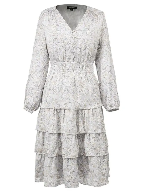 SMART AND JOY Tiered Ruffles Liberty Print Tea Dress - Grey
