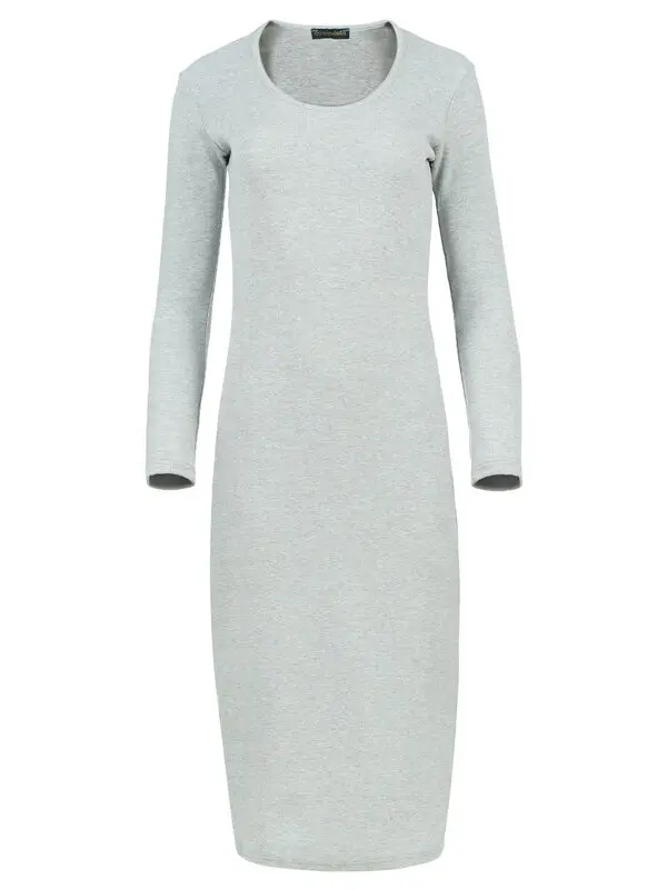 CONQUISTA Long Sleeve Round Neck Midi Dress In Ribbed Cotton-elastane Gray Melange - Grey