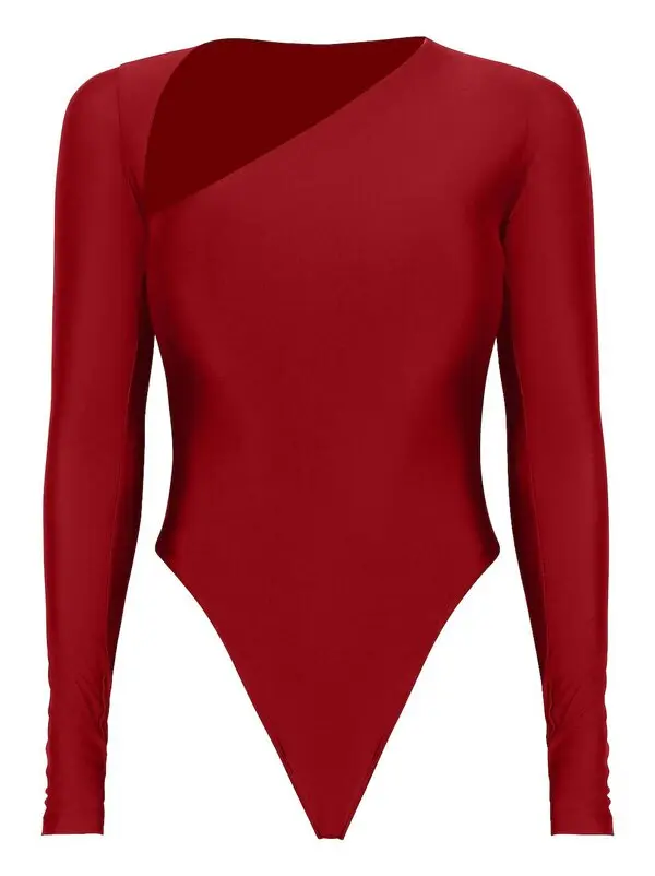 MODA GLAM Asymmetrical Bodysuit- Burgundy - Red