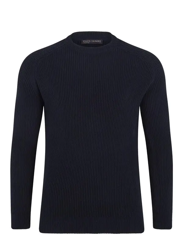 PAUL JAMES KNITWEAR Midweight Cotton Logan Ribbed Crew Neck Jumper Navy - Blue