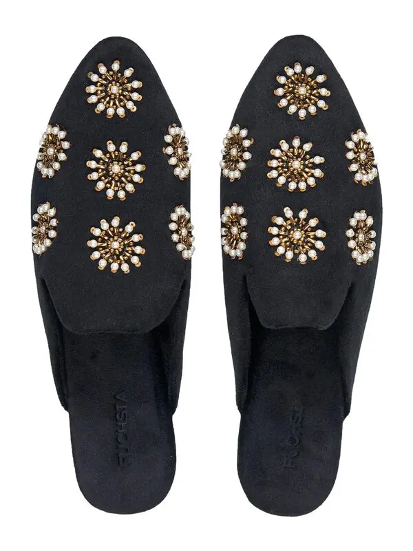 FUCHSIA SHOES Galaxy Handmade Pearl Embroidered Luxury Velvet Pointed Toe Mules By - Black