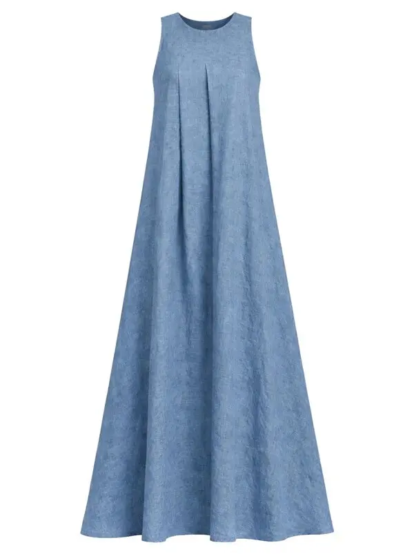 NIKKA PLACE Gathered Linen Maternity A-line Dress In Melange Colour - Blue